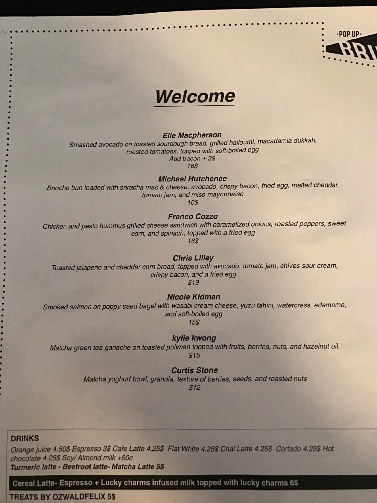 Menu at Café Melbourne, Montreal