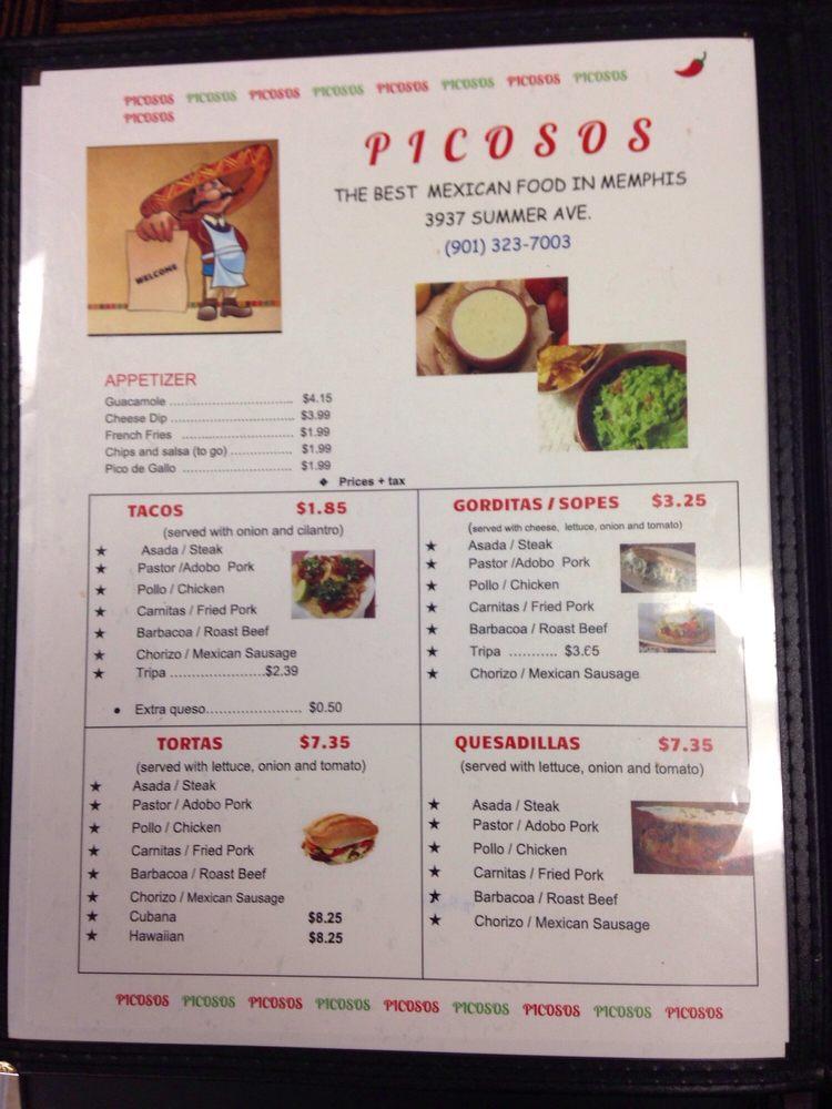 Menu at Picosos restaurant, Memphis, Summer Ave