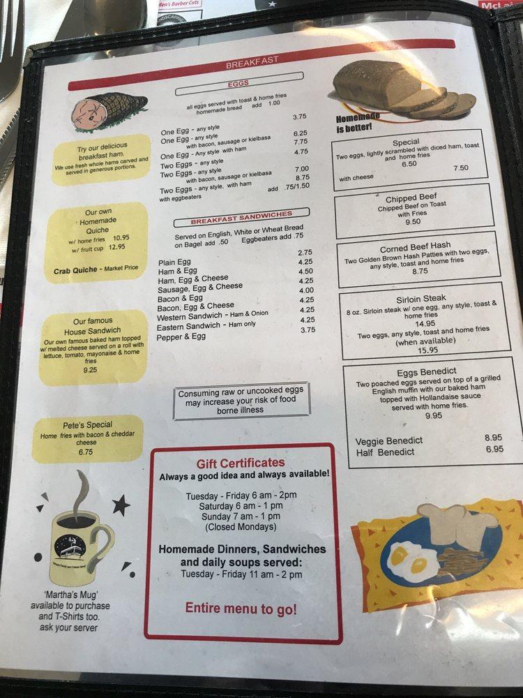 Menu at Martha's Diner restaurant, Ellsworth