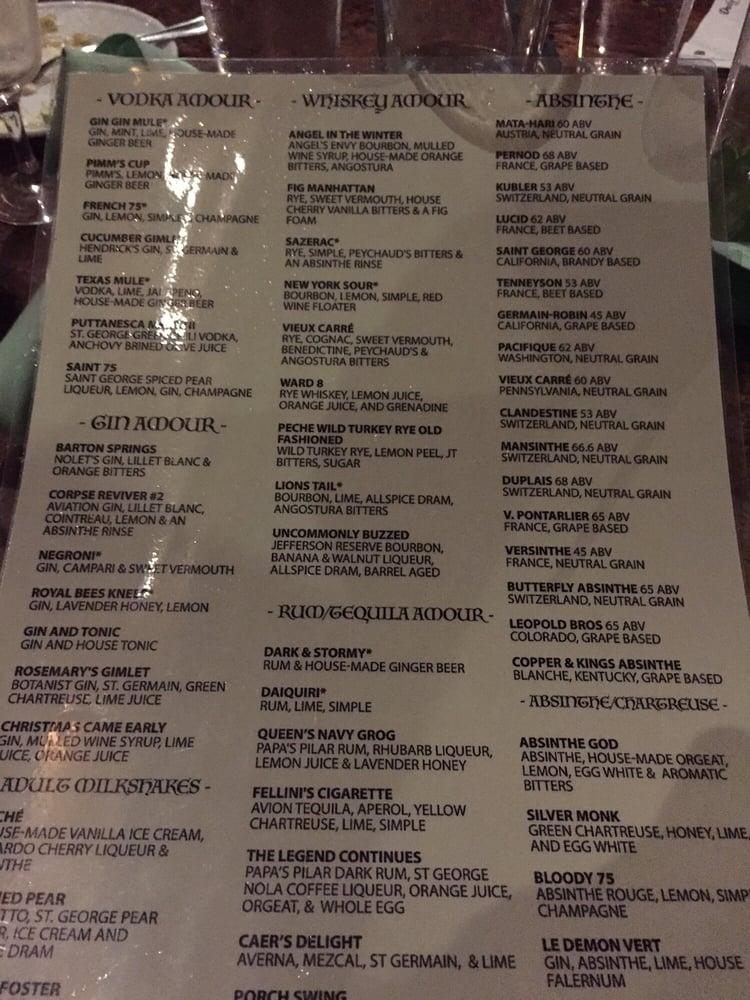 Menu at Péché pub & bar, Austin