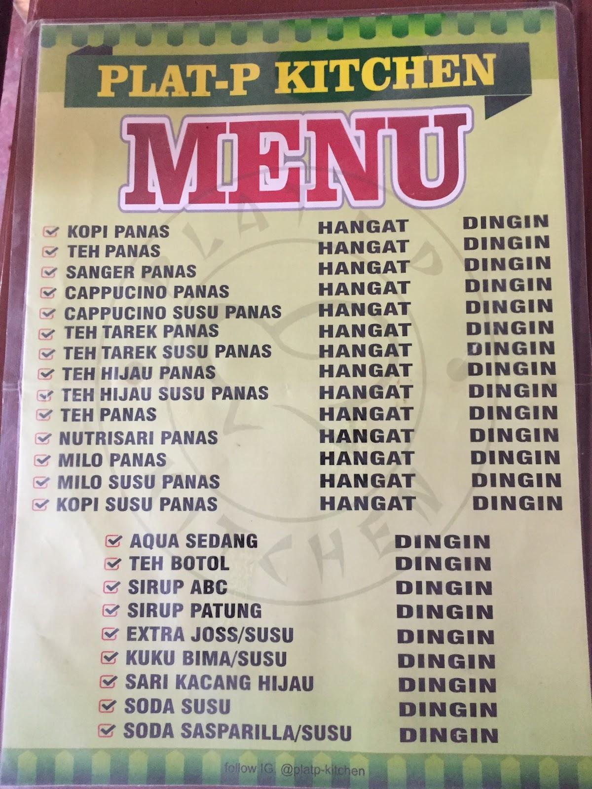 Menu at Plat P Kitchen restaurant, Banda Aceh