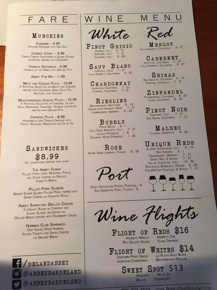 Menu at Abbey Bar, DeLand
