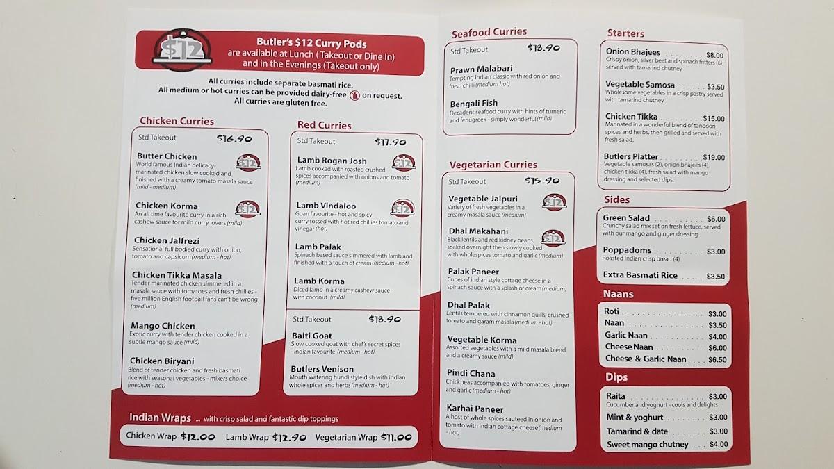 Menu at Bombay Butler Sydenham fast food, Christchurch, 300 Colombo St