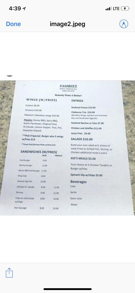 Menu at Fam Bizz restaurant, New Orleans, S Claiborne Ave