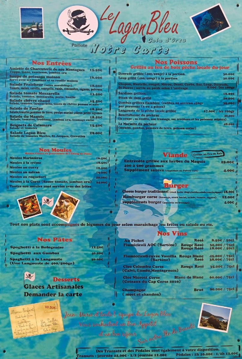 Menu at Le Lagon Bleu restaurant, Coti-Chiavari, Plage de Cala d'Orzo