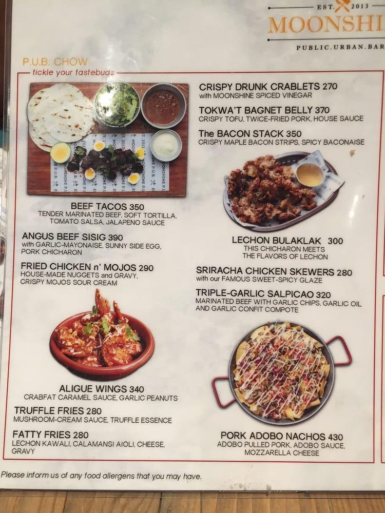 Menu at Moonshine pub & bar, Pasig