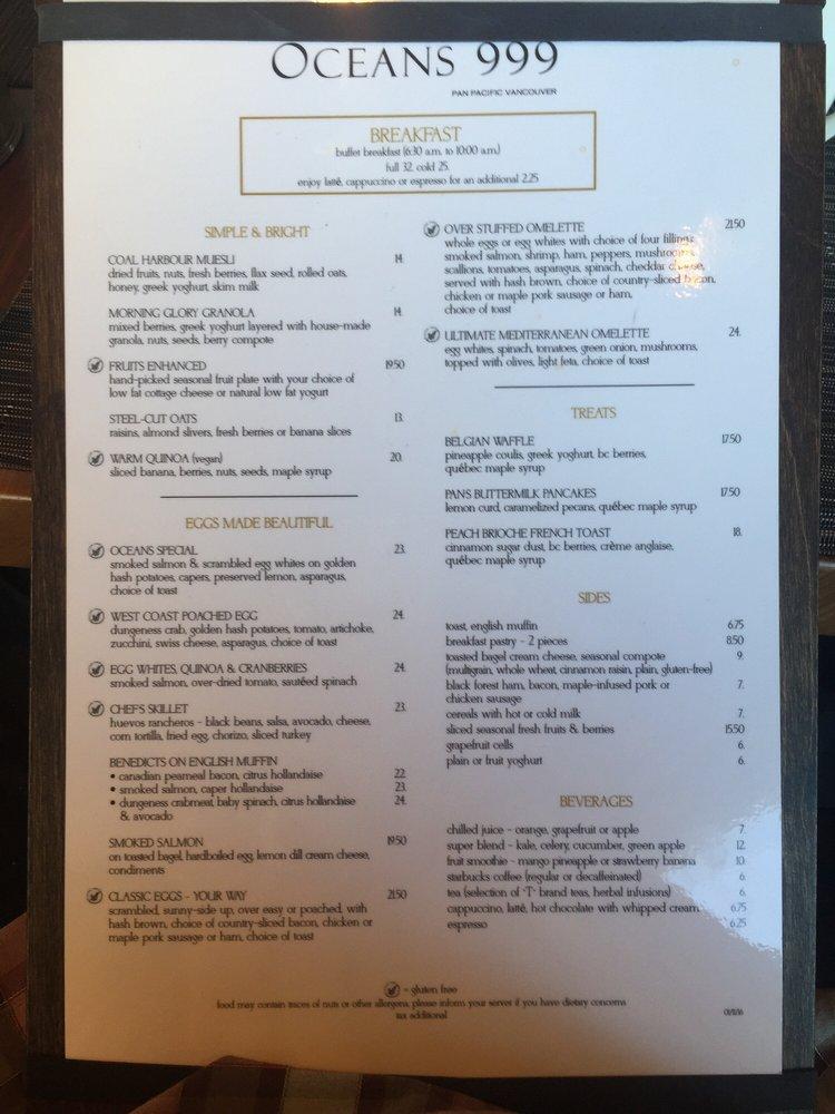 Menu at Oceans 999 restaurant, Vancouver, 999 Canada Pl #300