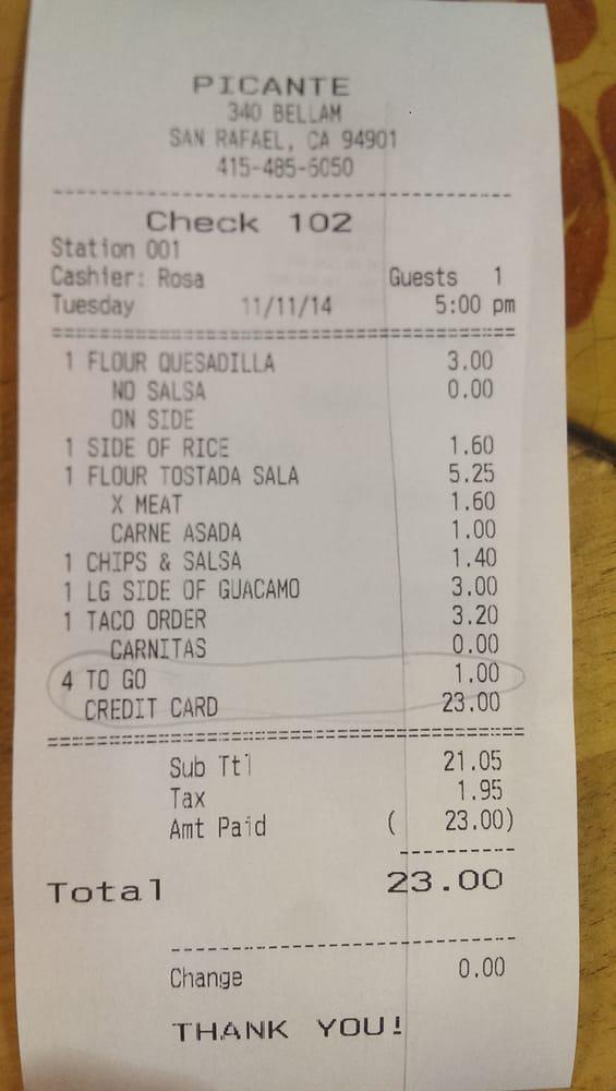 Menu at Picante restaurant, San Rafael