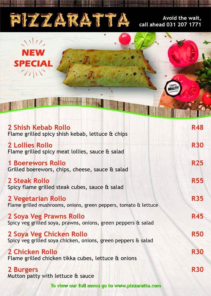 Menu at Pizzaratta (halaal) Pasta restaurant, Durban, 1 South Rd