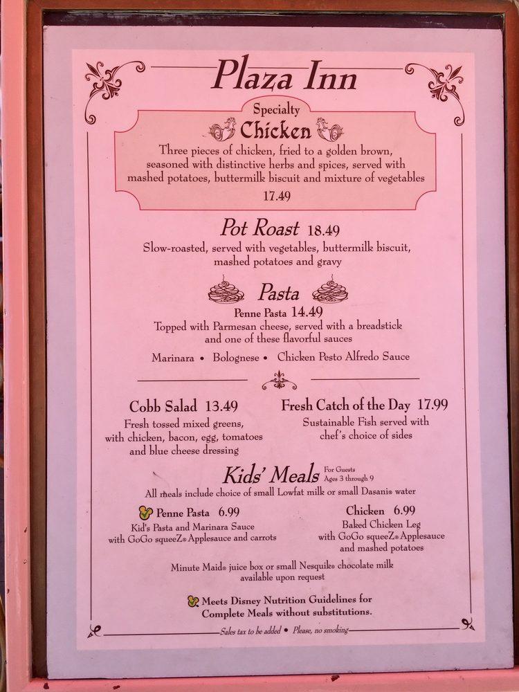 Menu at Plaza Inn restaurant, Anaheim, Disneyland Park