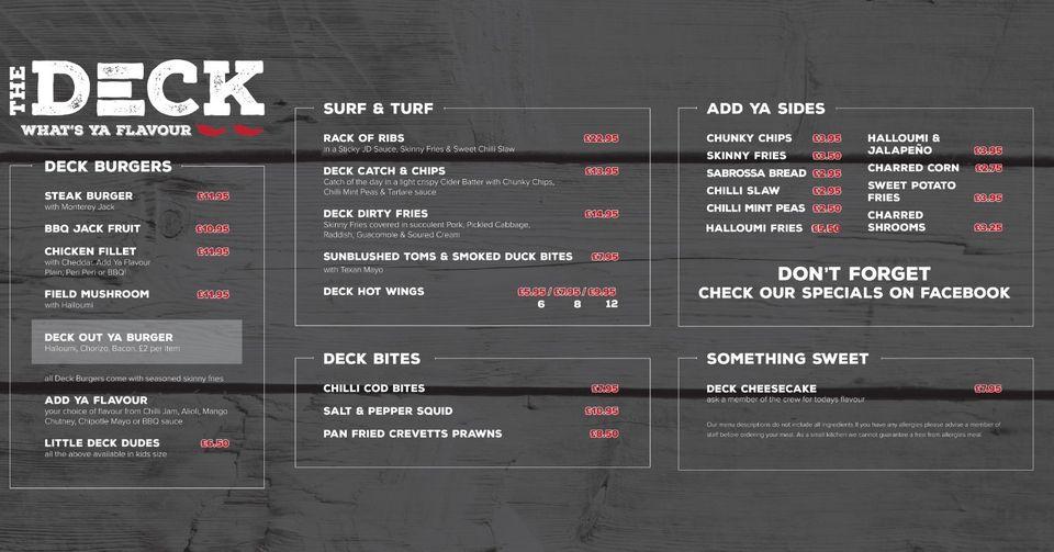 Menu at The Deck restaurant, Bude, 19 Summerleaze Cres