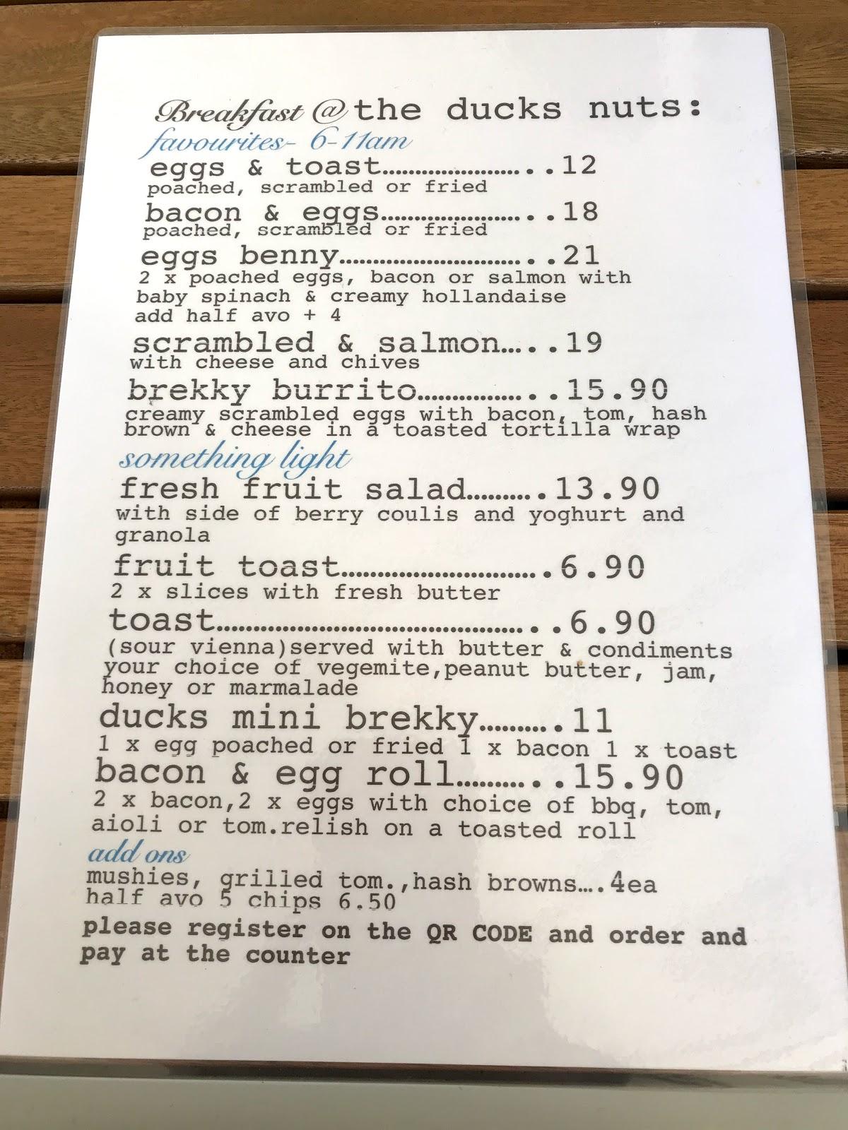 Menu at The Ducks Nuts cafe, Bundall