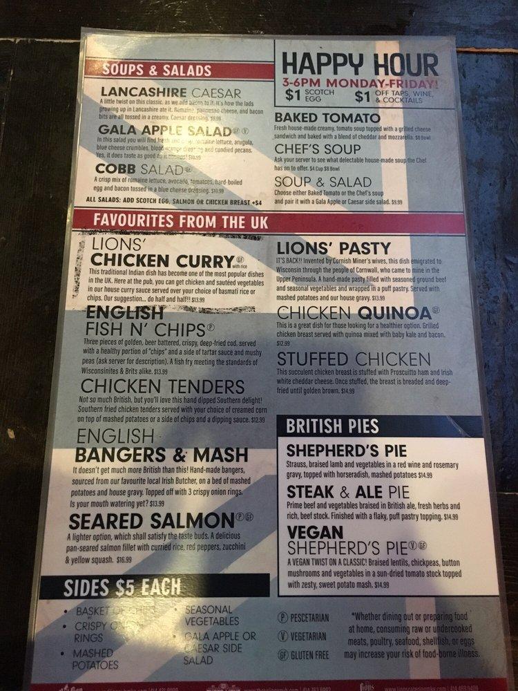 Menu at Three Lions Pub, Shorewood