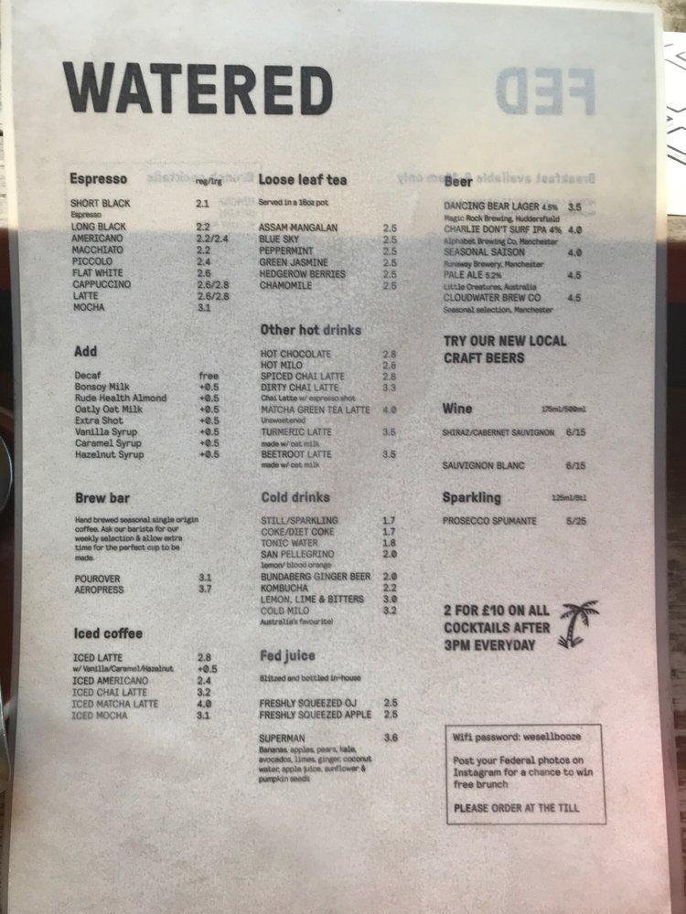 Menu at Federal Cafe Bar, Manchester, 9 Nicholas Croft