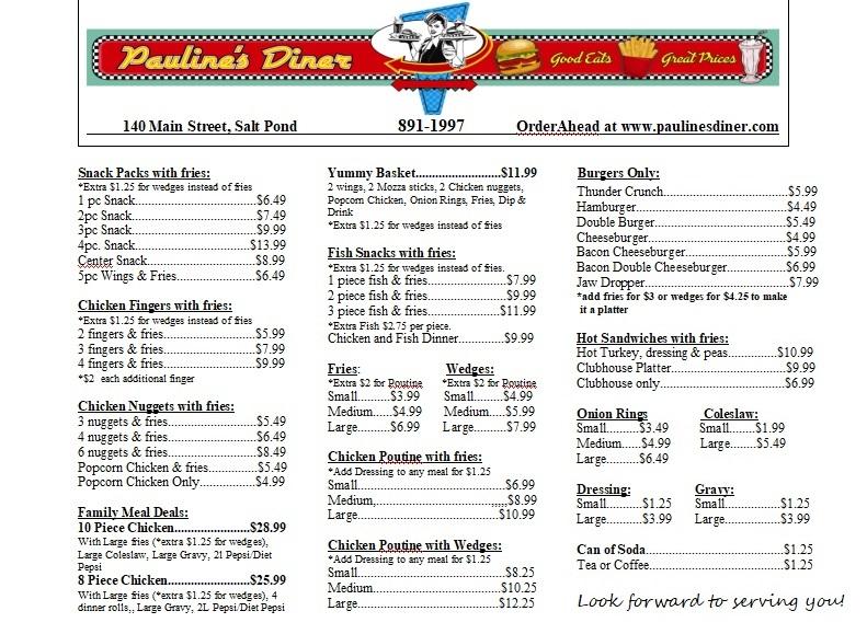 Menu at Pauline's Diner restaurant, Burin