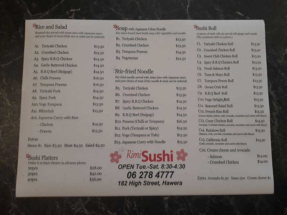 Menu at Rimi Sushi restaurant, Hawera