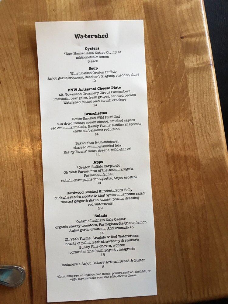 Menu at Watershed Cafe, Leavenworth