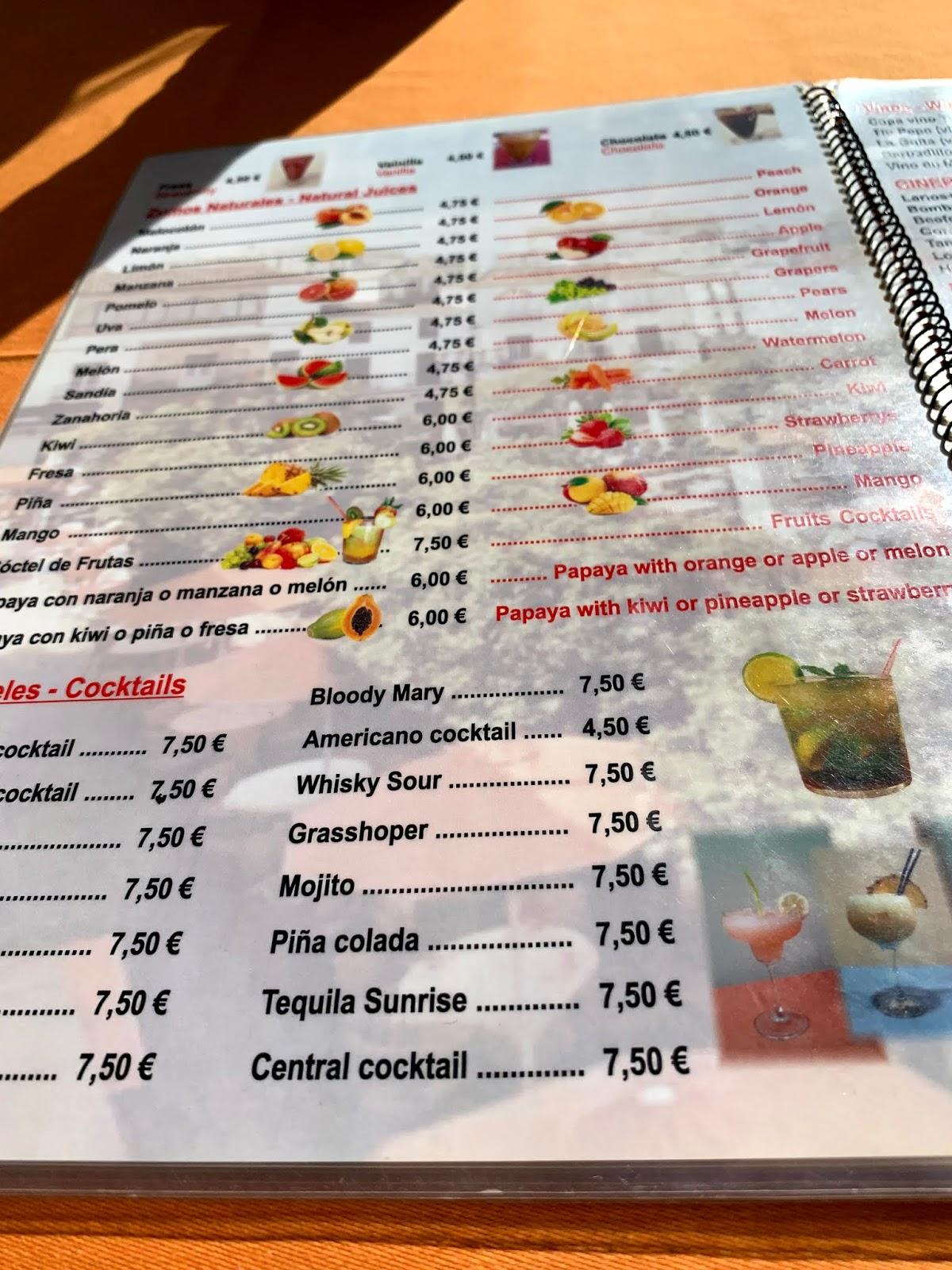 Menu at Café Bar Central, Marbella