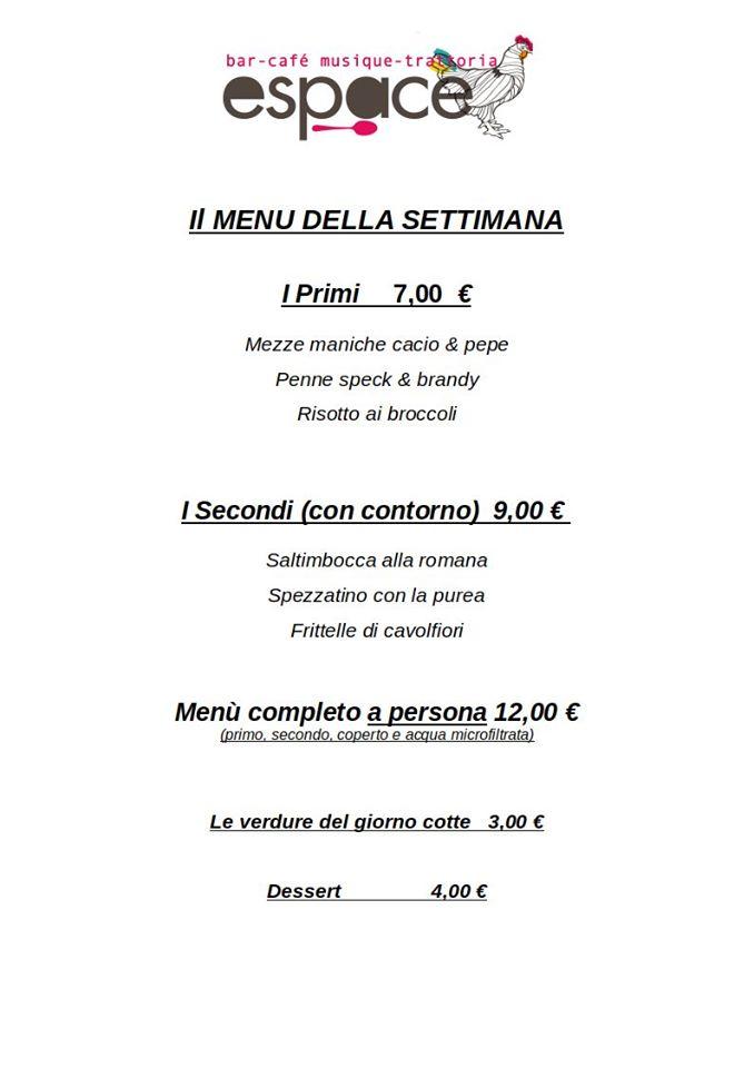 Menu at Espace Populaire restaurant, Aosta, Via Jean Claude Mochet