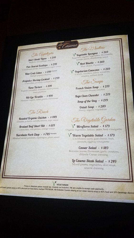 Menu at La Casona at Villa La Estancia steakhouse, Cabo San Lucas