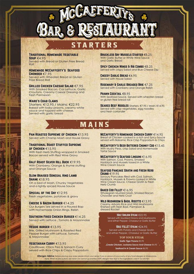 Menu at McCafferty's Bar & Restaurant, Dungloe, Dungloe