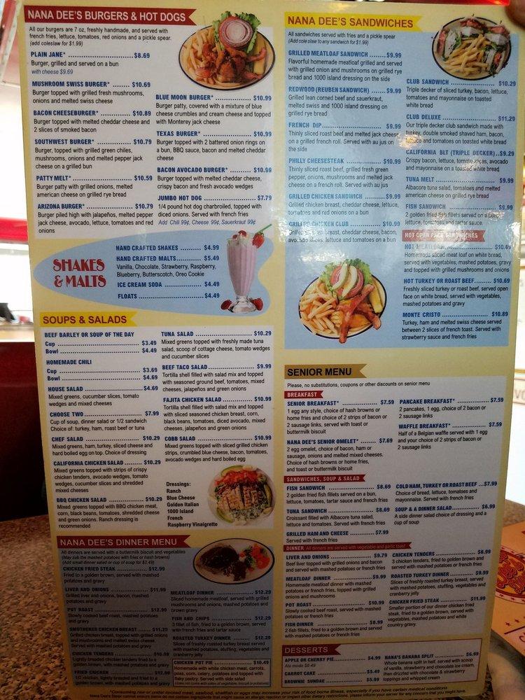 Menu at Nana Dee's Diner restaurant, Mesa