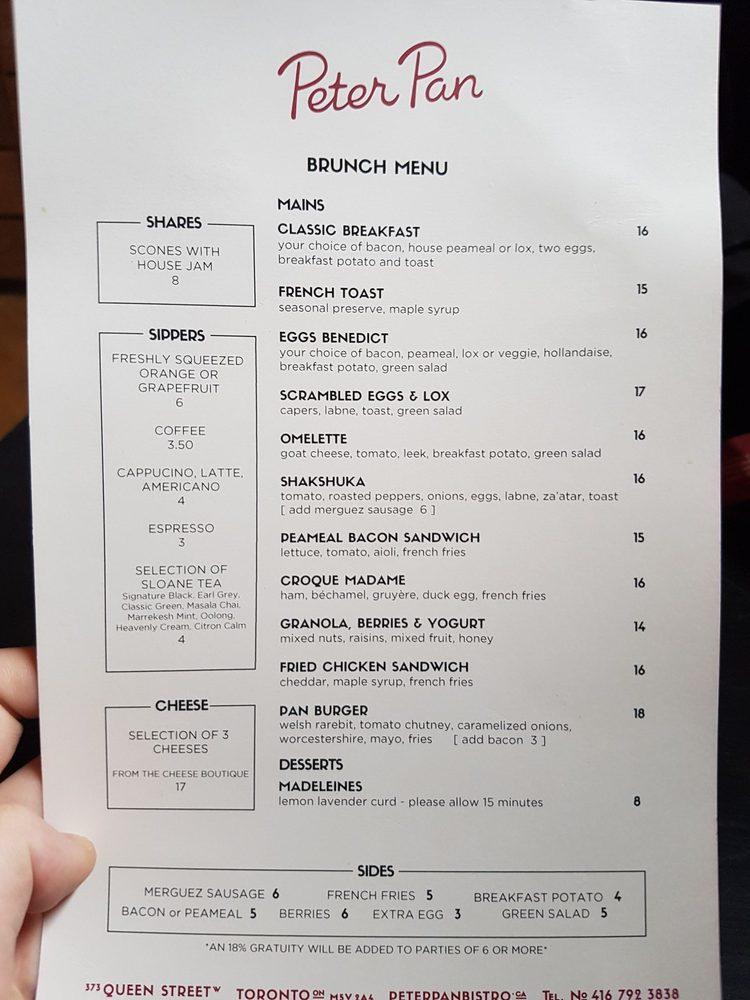 Menu at Peter Pan Bistro restaurant, Toronto