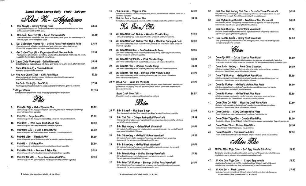Menu at Pho DaLat restaurant, Tempe