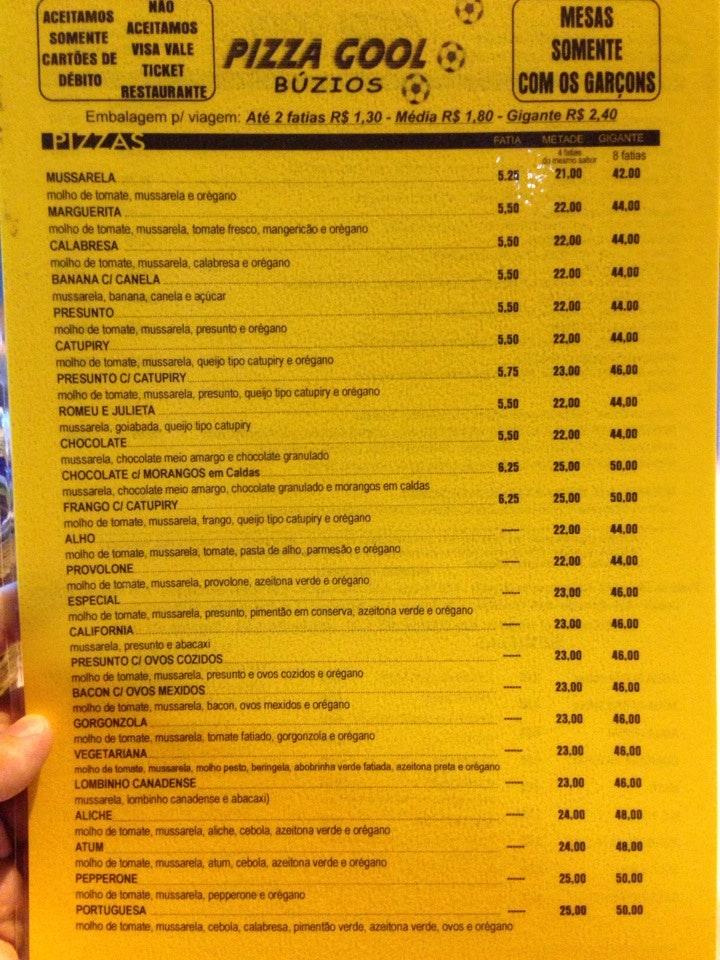 Menu at Pizza Gool Pizzeria, Armação dos Búzios