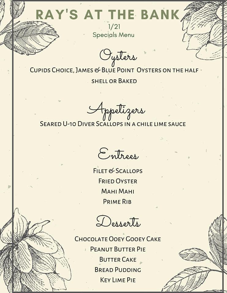 Menu at Ray's At The Bank restaurant, Florence