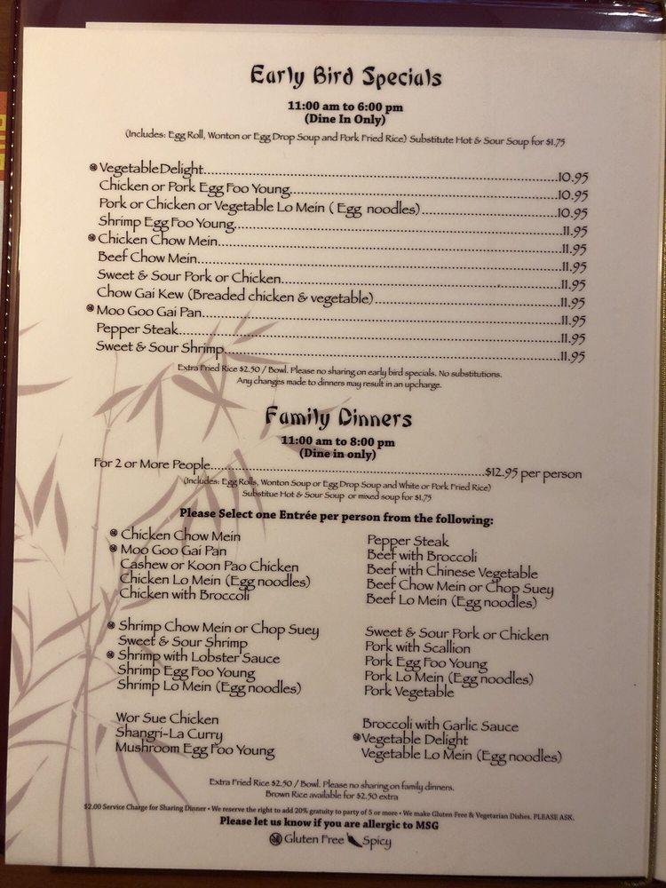 Menu at Shangri-La Restaurant, Sarasota