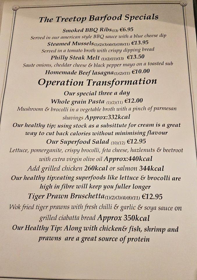 Menu at THE TREETOP RESTAURANT / THE STEERING WHEEL BAR, Clondalkin