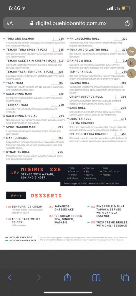 Menu at Tazuna restaurant, Cabo San Lucas, Predio