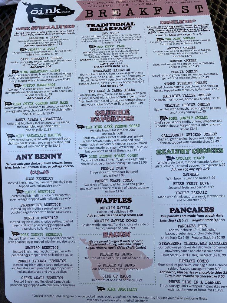 Menu at The Oink Cafe, Phoenix