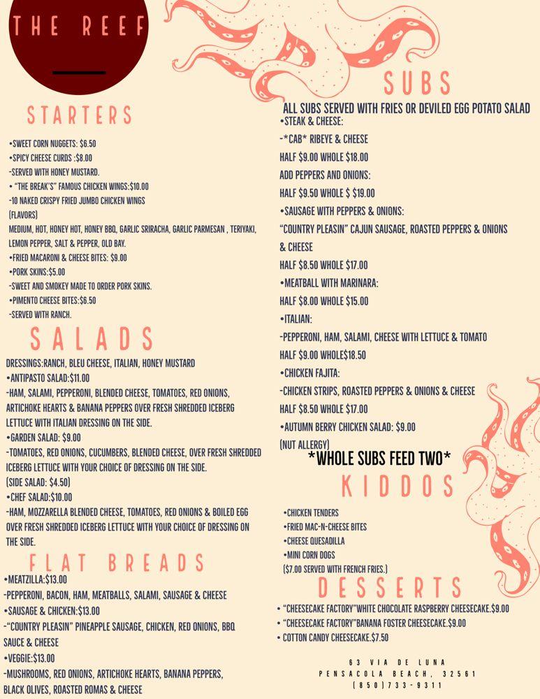 Menu at The Reef pizzeria, Pensacola Beach