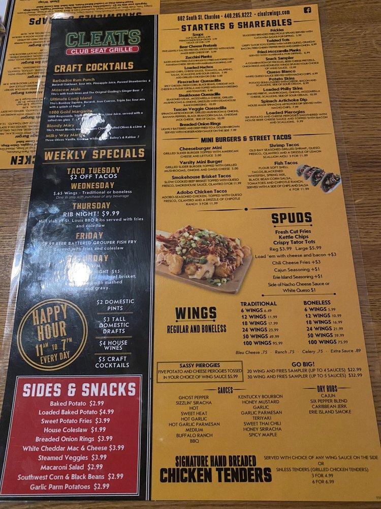 Menu at Cleats Chardon pub & bar, Chardon