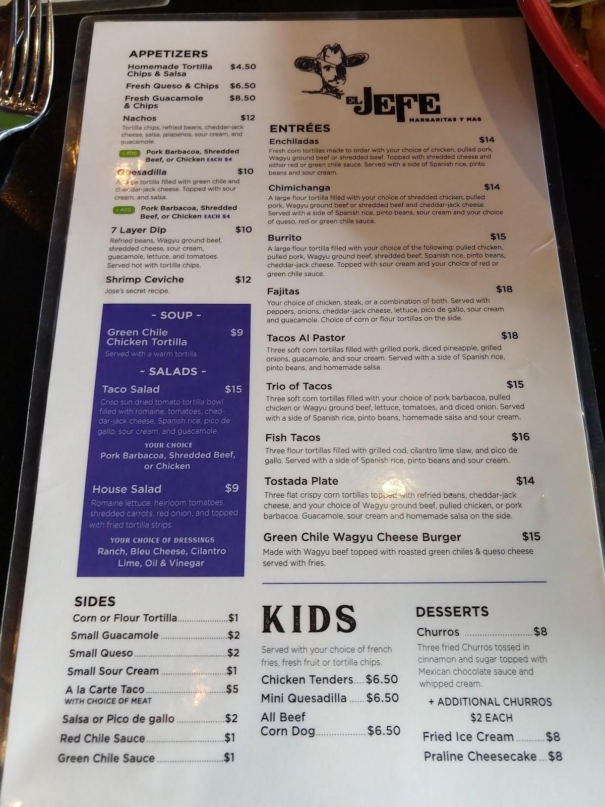 Menu at El Jefe restaurant, Angel Fire