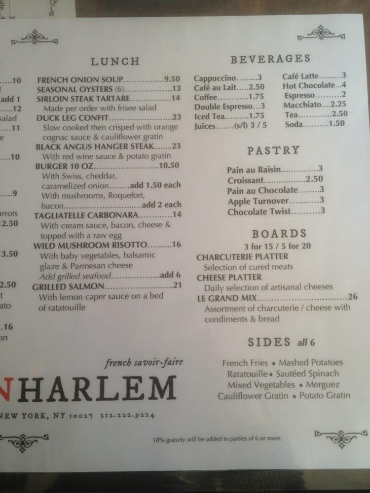 Menu at Maison Harlem restaurant, New York City, 341 St Nicholas Ave
