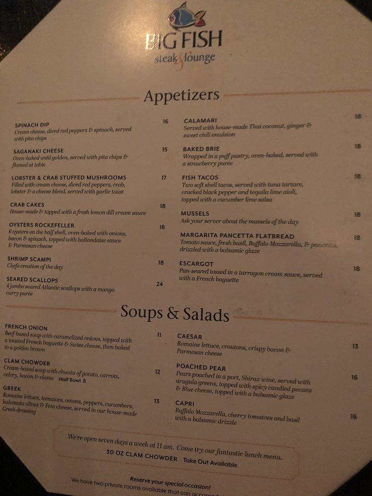 Menu at Big Fish Steak & Lounge steakhouse, Sarnia