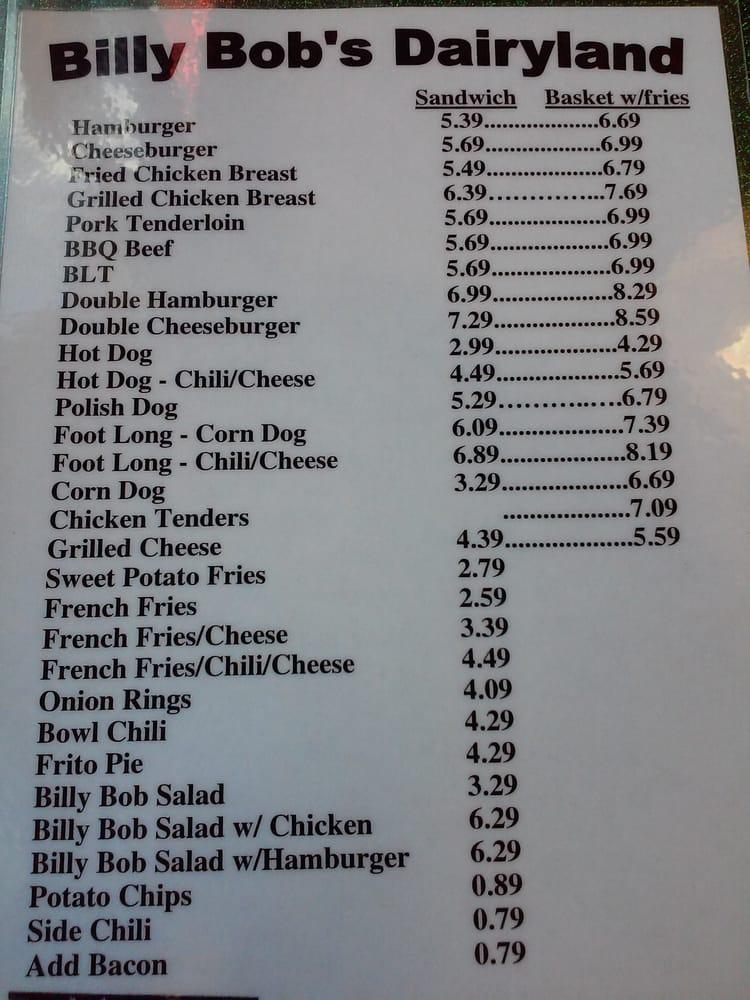 Menu at Billy Bob's Dairy Land restaurant, Branson, W 76 Country Blvd