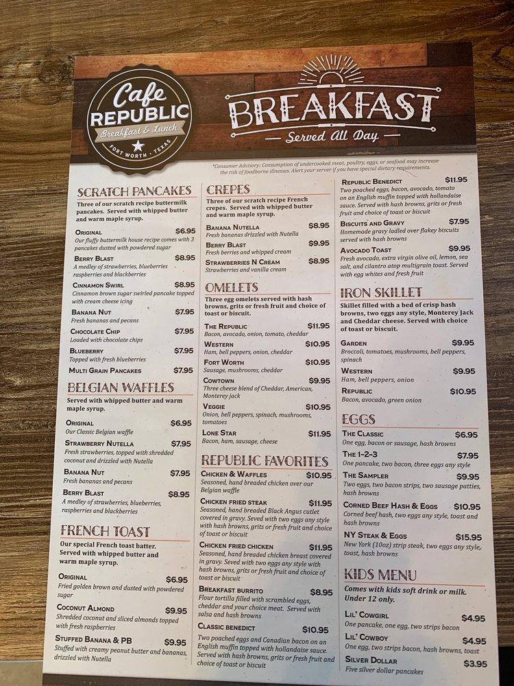 Menu at Cafe Republic, Fort Worth