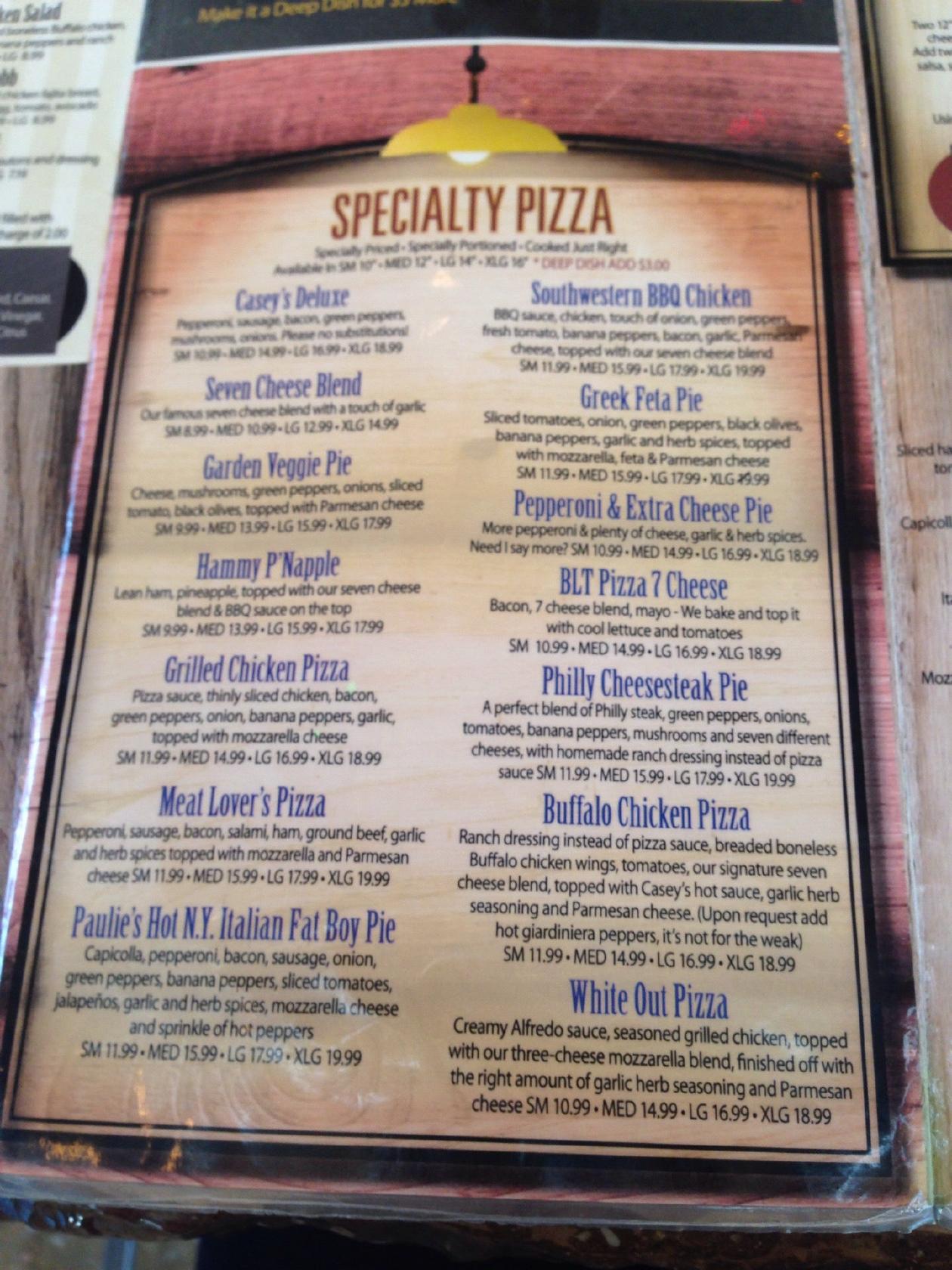 Menu at Casey's pizzeria, Port Huron, 628 Huron Ave