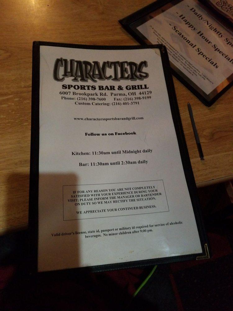 Menu at Characters Sports Bar & Grill, Cleveland, Brookpark Rd