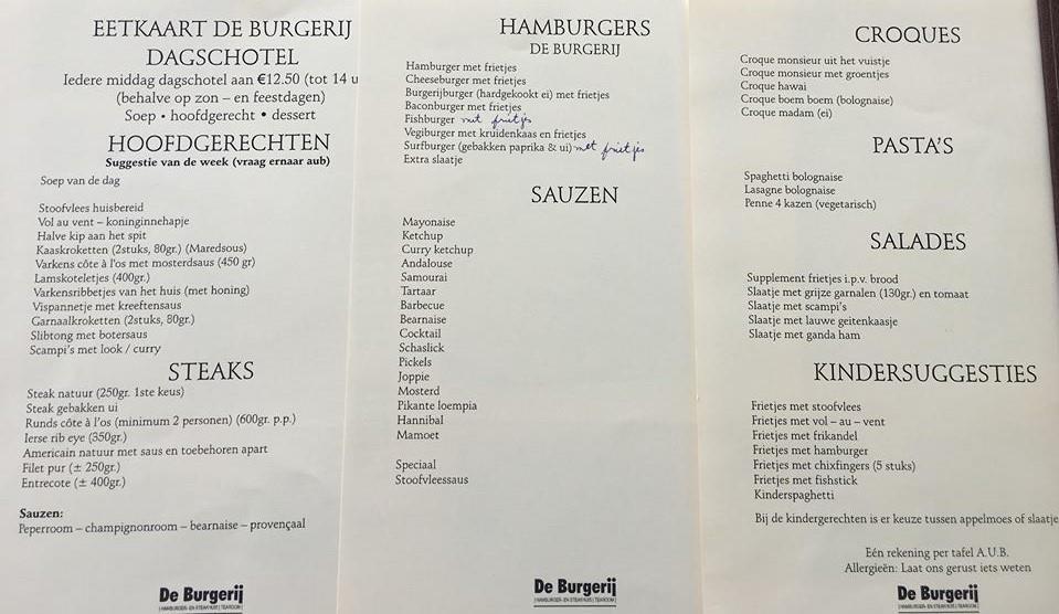 Menu at De Burgerij, Diksmuide