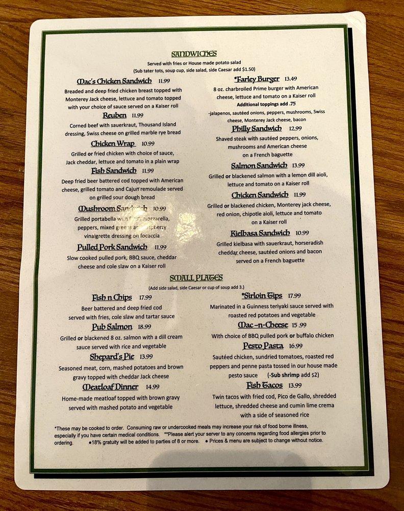 Menu at Farley Mac's pub & bar, Simsbury