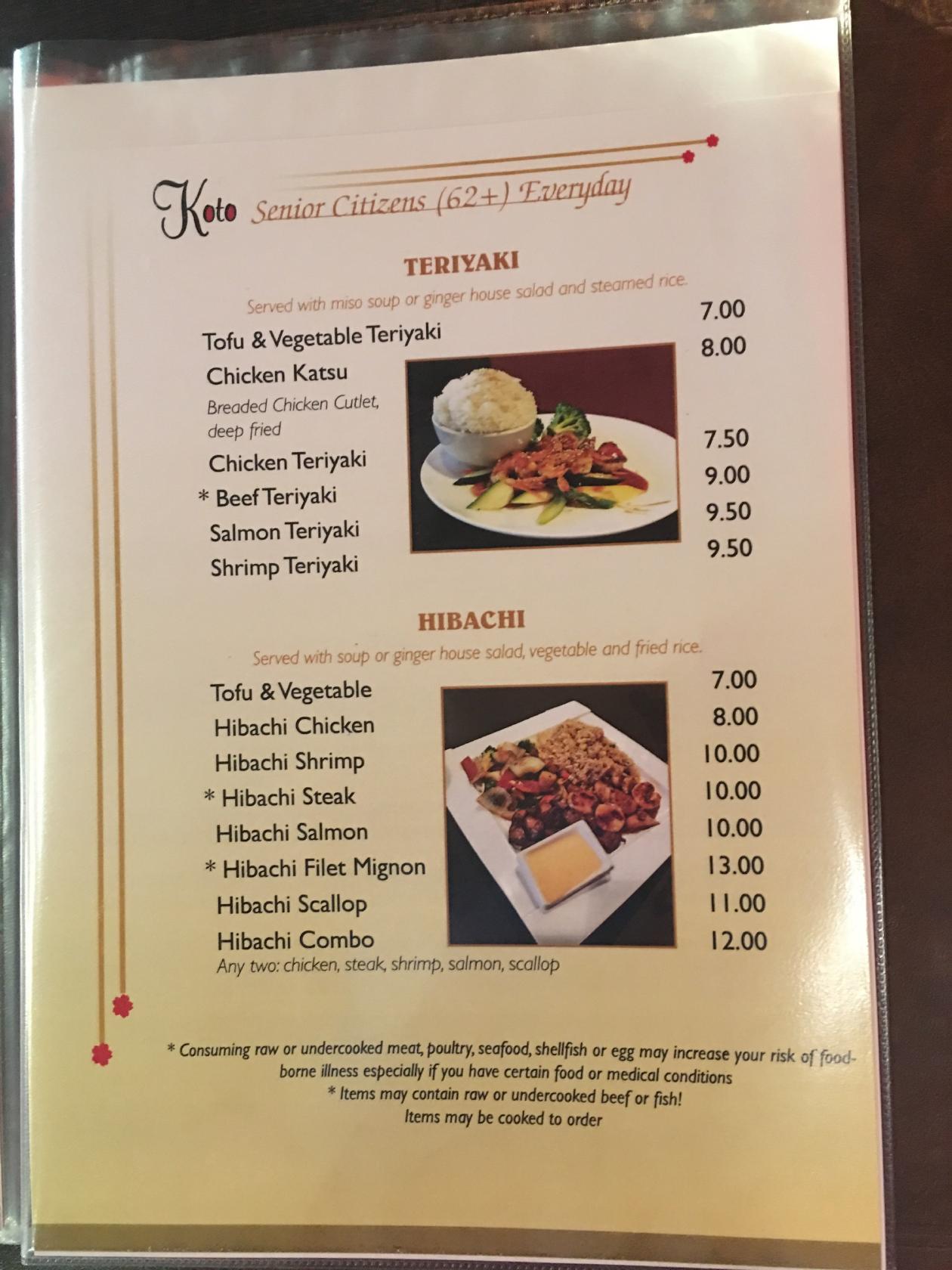 Menu at KOTO Japanese Sushi&Steak House restaurant, Clemmons