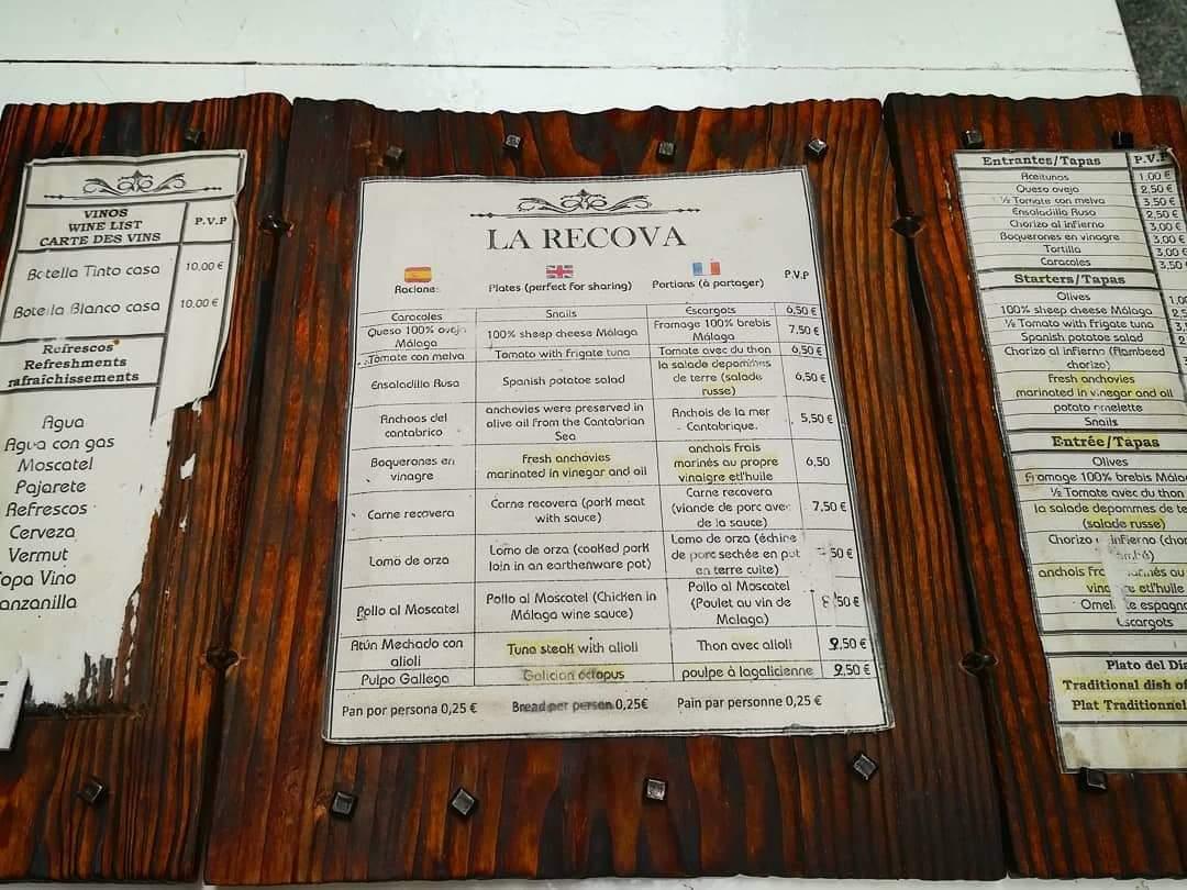 Menu at La Recova cafe, Málaga