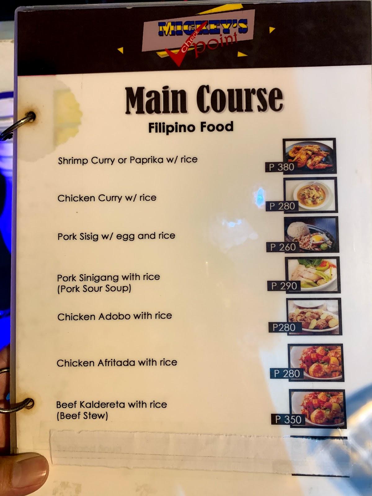 Menu at Mickey’s restaurant, Panglao