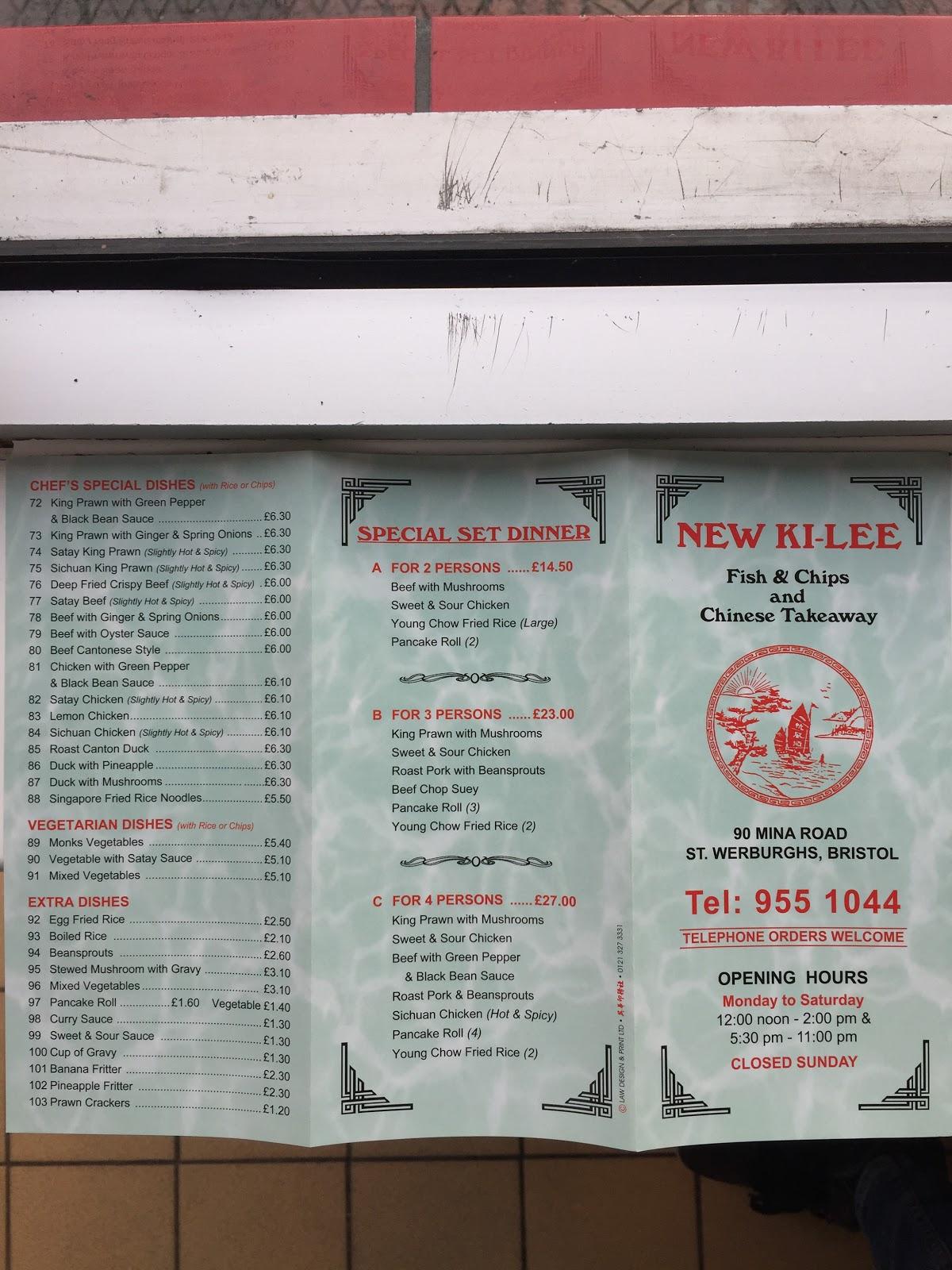 Menu at New Ki-Lee Fish Bar, Bristol