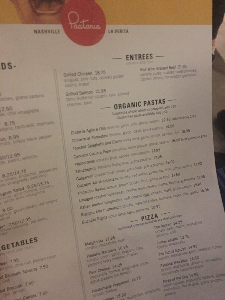 Menu at Pastaria pizzeria, Nashville